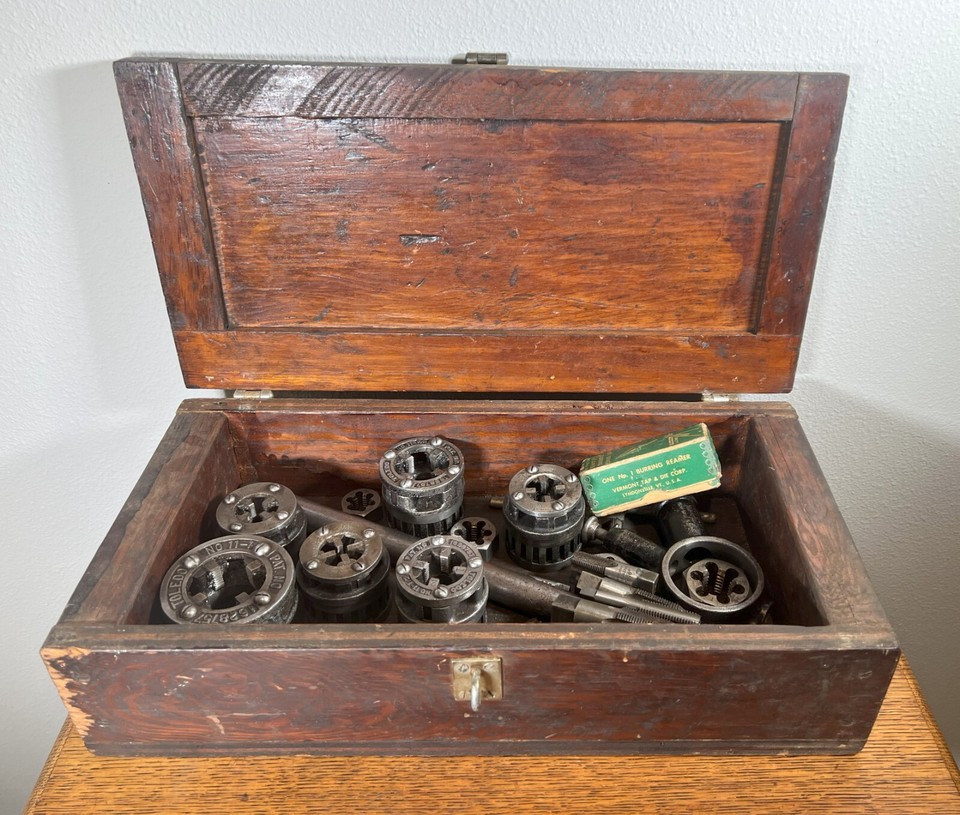 Tap & Die Sets for Pipe and Rod Threading in Wood Toolbox ~ Vintage ...