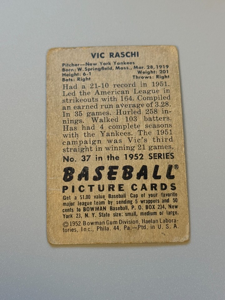 1952 Bowman #37 Vic Raschi | eBay