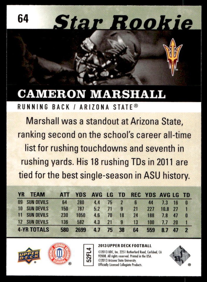 2013 Upper Deck 64 Cameron Marshall Arizona State Sun Devils Football ...