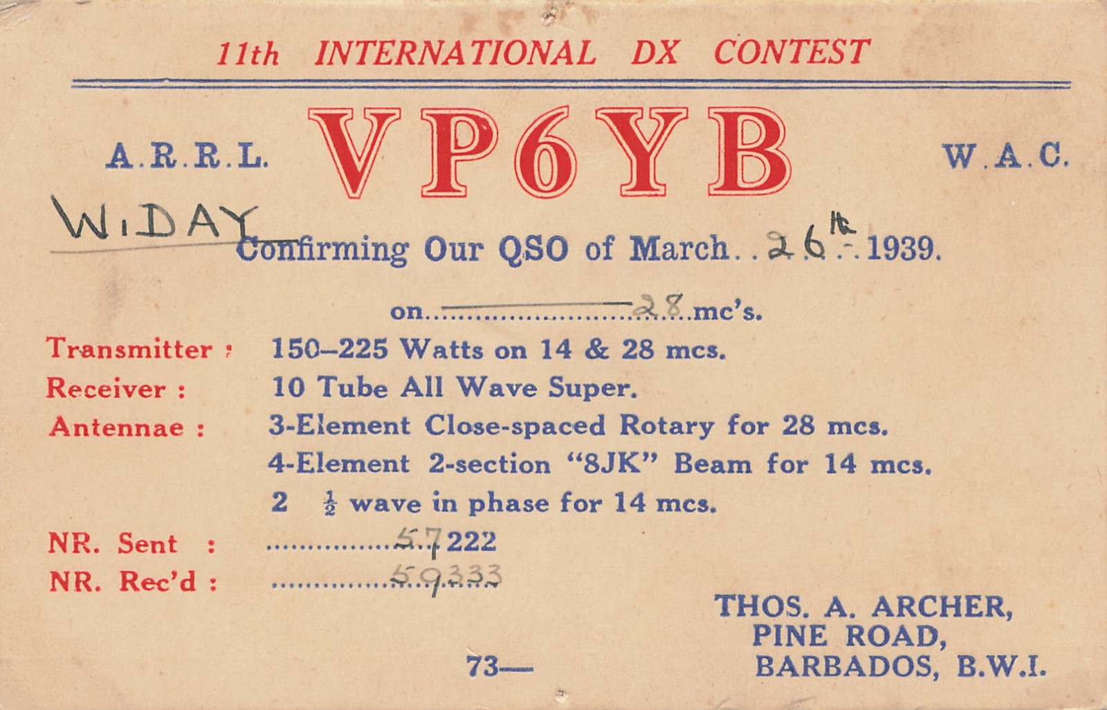 1939 QSL: VP6YB – Thomas A Archer – Pine Road, Barbados, B.W.I. | eBay