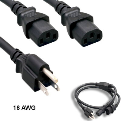 10ft Black AC Power Y-Cable Cord NEMA5-15P to 2x IEC60320 C13 16AWG 13A ...