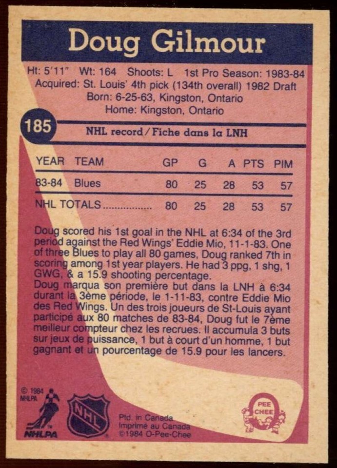 1984-85 O-Pee-Chee Hockey #185 Doug Gilmour NM RC Rookie Blues 74542 | eBay