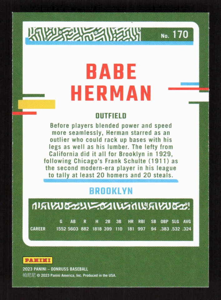 2023 Donruss #170 Babe Herman Brooklyn Robins | eBay