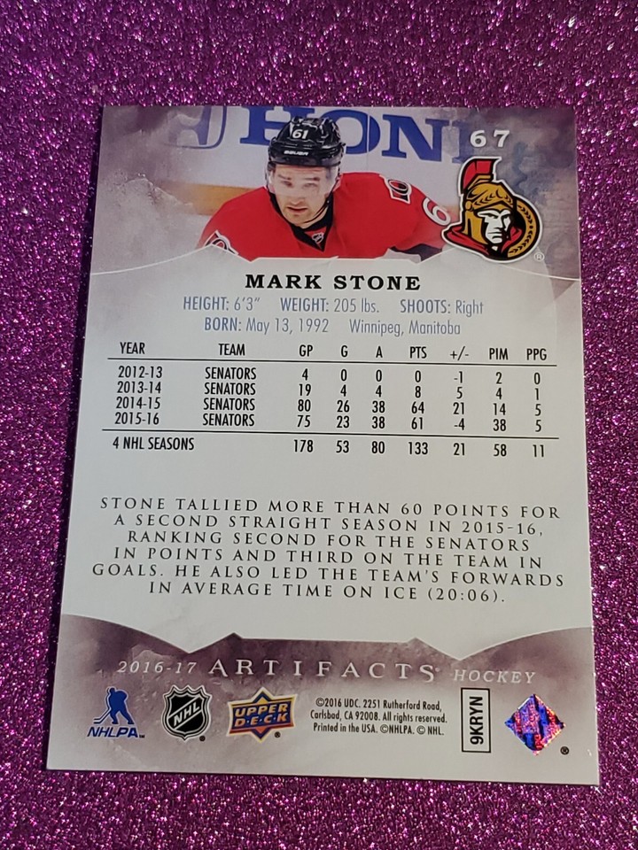 2016-17 Upper Deck Artifacts Hockey #67 Mark Stone Ottawa Senators NFL ...