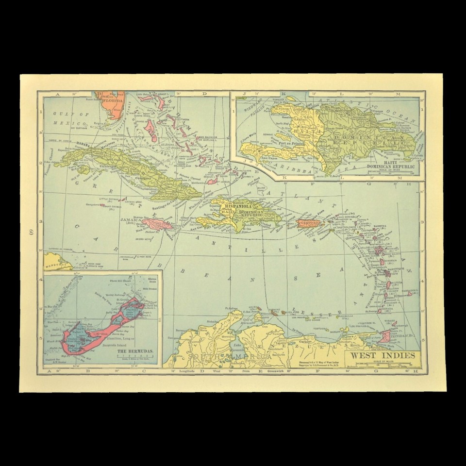 Vintage Caribbean Map WEST INDIES Wall Art Jamaica Cuba Haiti Bermuda ...