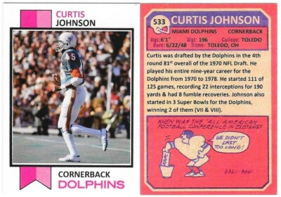 Curtis Johnson 1973 Custom Card Miami Dolphins | eBay