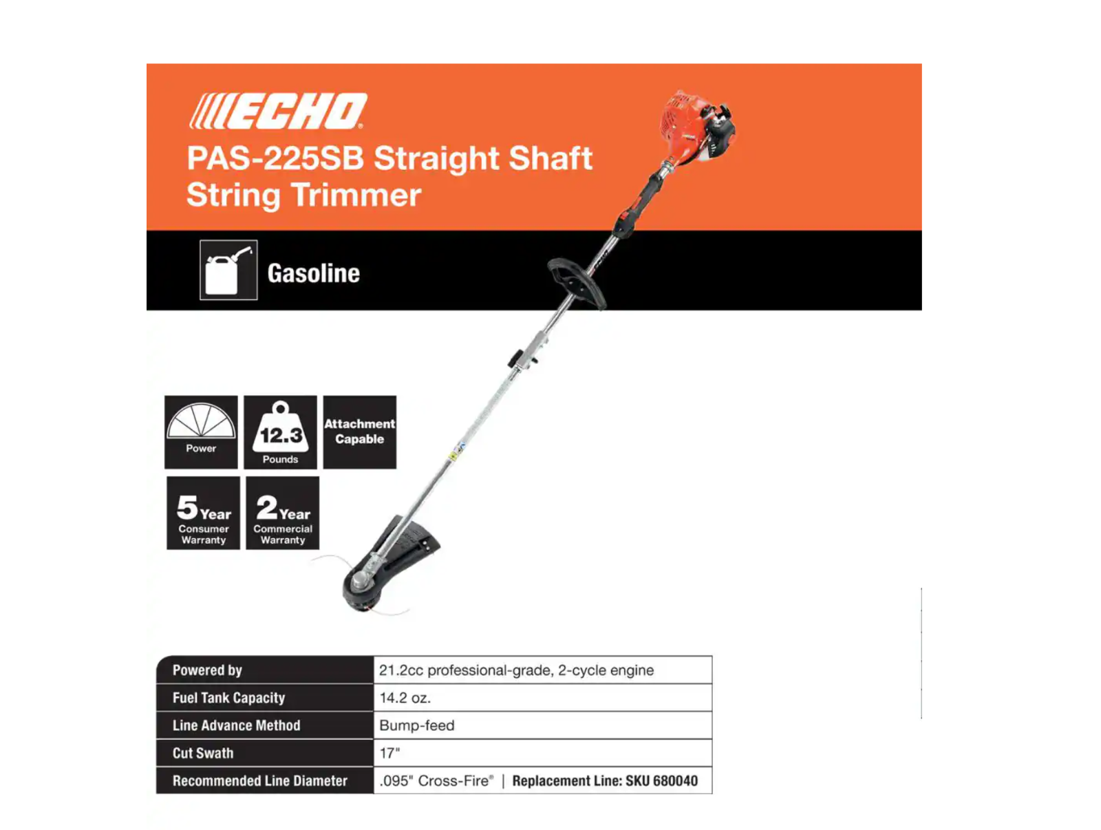 21.2 cc Gas 2-Stroke Attachment Capable Straight Shaft String Trimmer ...