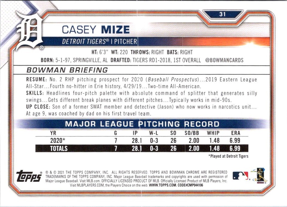 2021 Bowman Casey Mize #31 Detroit Tigers Baseball Card | eBay