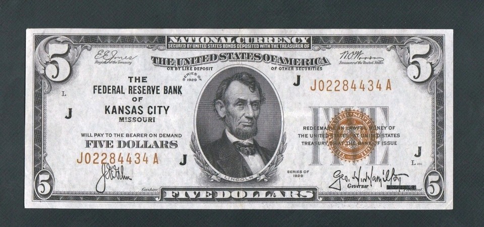 GORGEOUS RARE KANSAS CITY 1929 $5 NATIONAL CURRENCY NOTE. NO PINHOLES ...