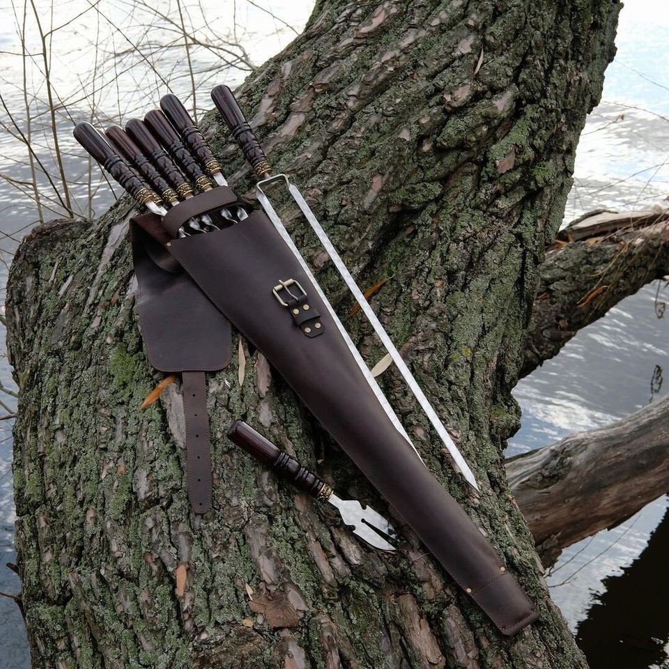 Set of handmade "Nut" skewers in a leather quiver | Set of forged ...