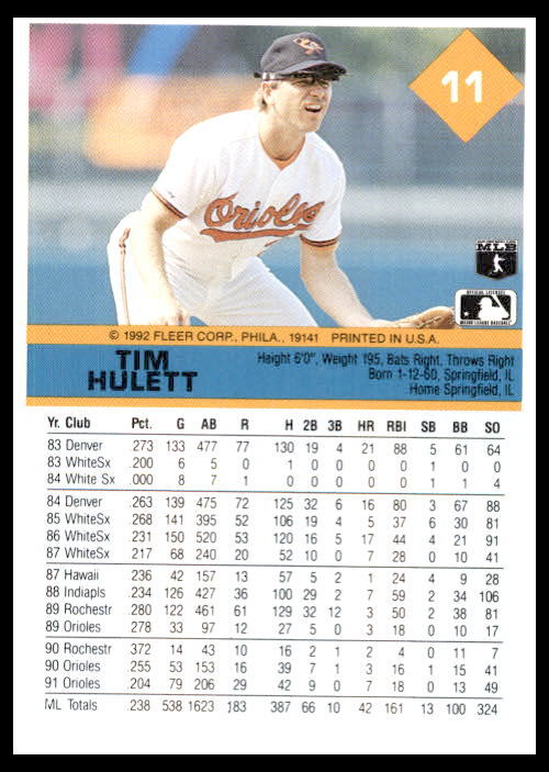 1992 Fleer #11 Tim Hulett Baltimore Orioles Baseball Card | eBay