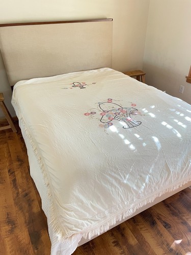 Antique Hand Embroidered Coverlet Floral Basket Needlepoint Fringe ...