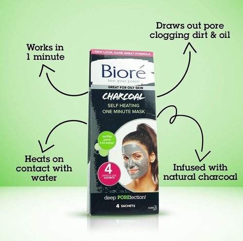 Biore Charcoal Self Heating 1 Minute Wash-Off Mask, 0.25 Fl Oz - 4 ...