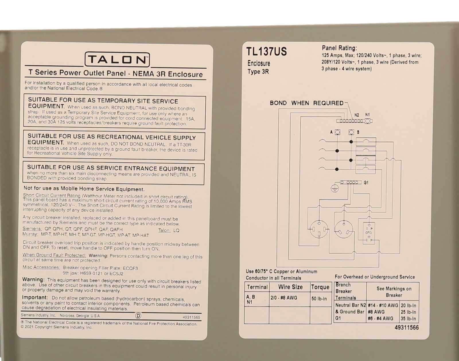 Siemens TL137US Receptacle Installed Unmetered Temporary Power Outlet ...