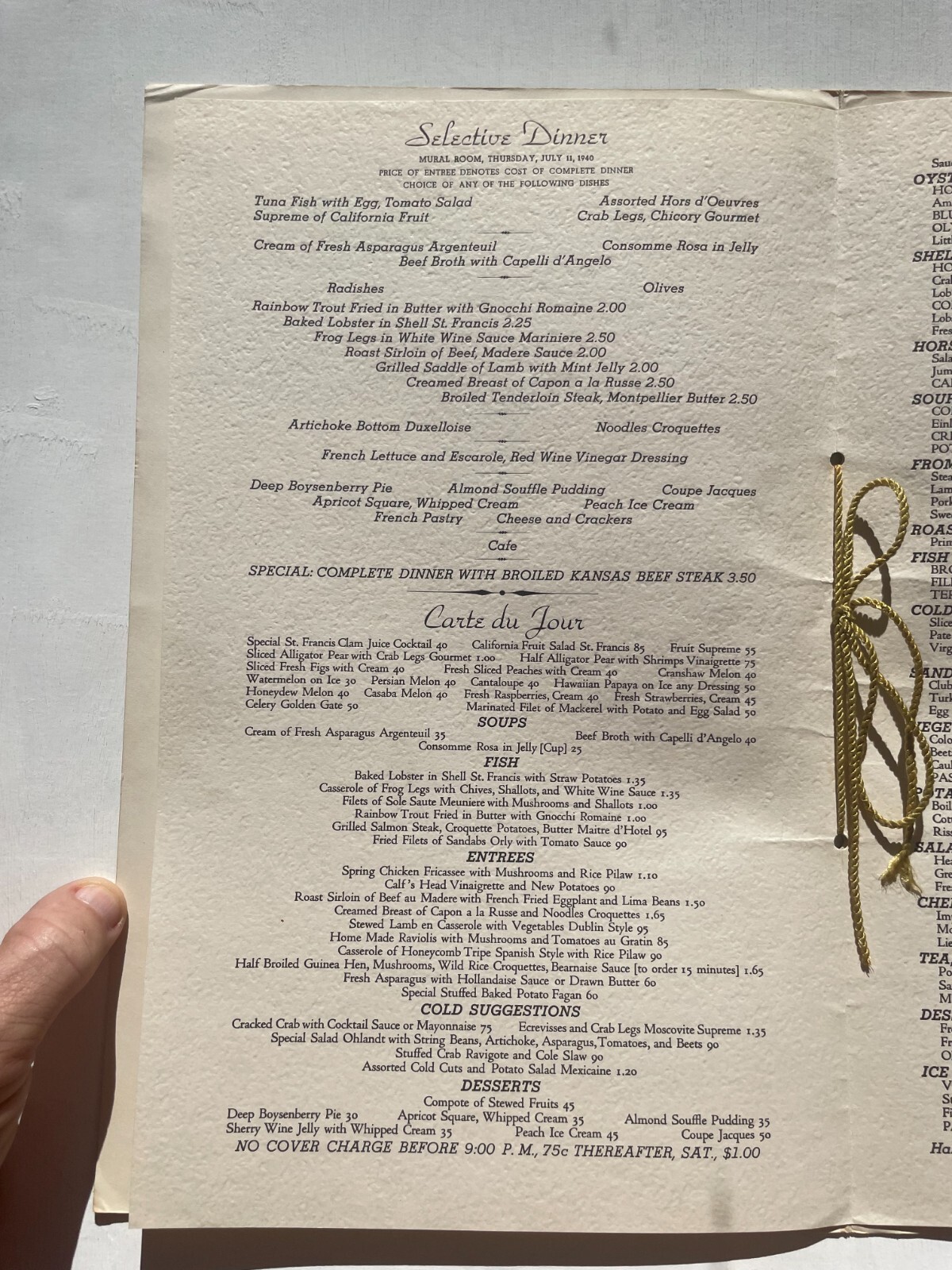 1940's Menu from the St Francis Hotel Mural Room Restaurant in San ...