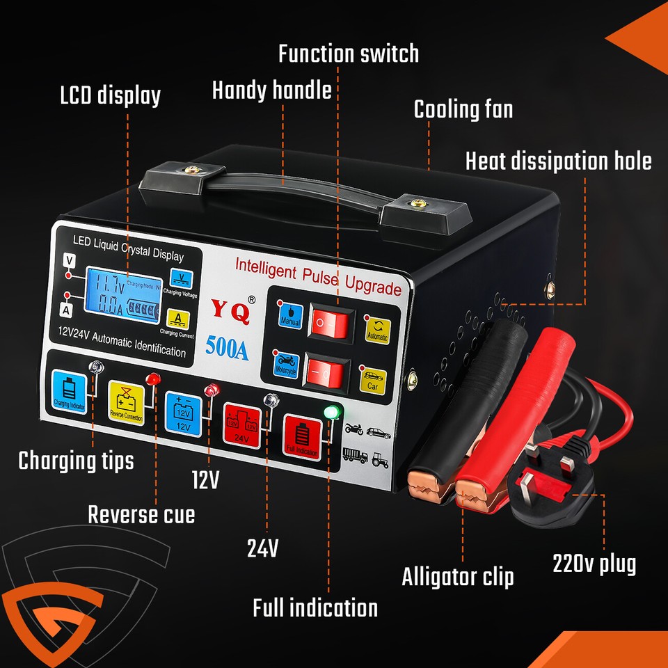 500A Heavy Duty 12V/24V Automatic Car Battery Charger Smart Pulse ...