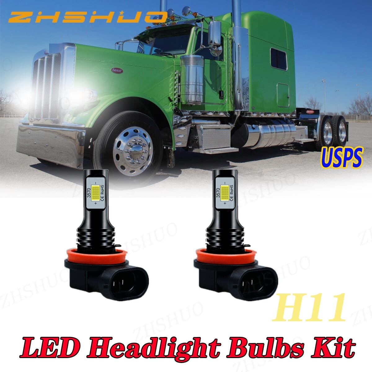 Front For Peterbilt 388 389 6000K H8 H9 H11 LED Headlights Bulbs Low ...