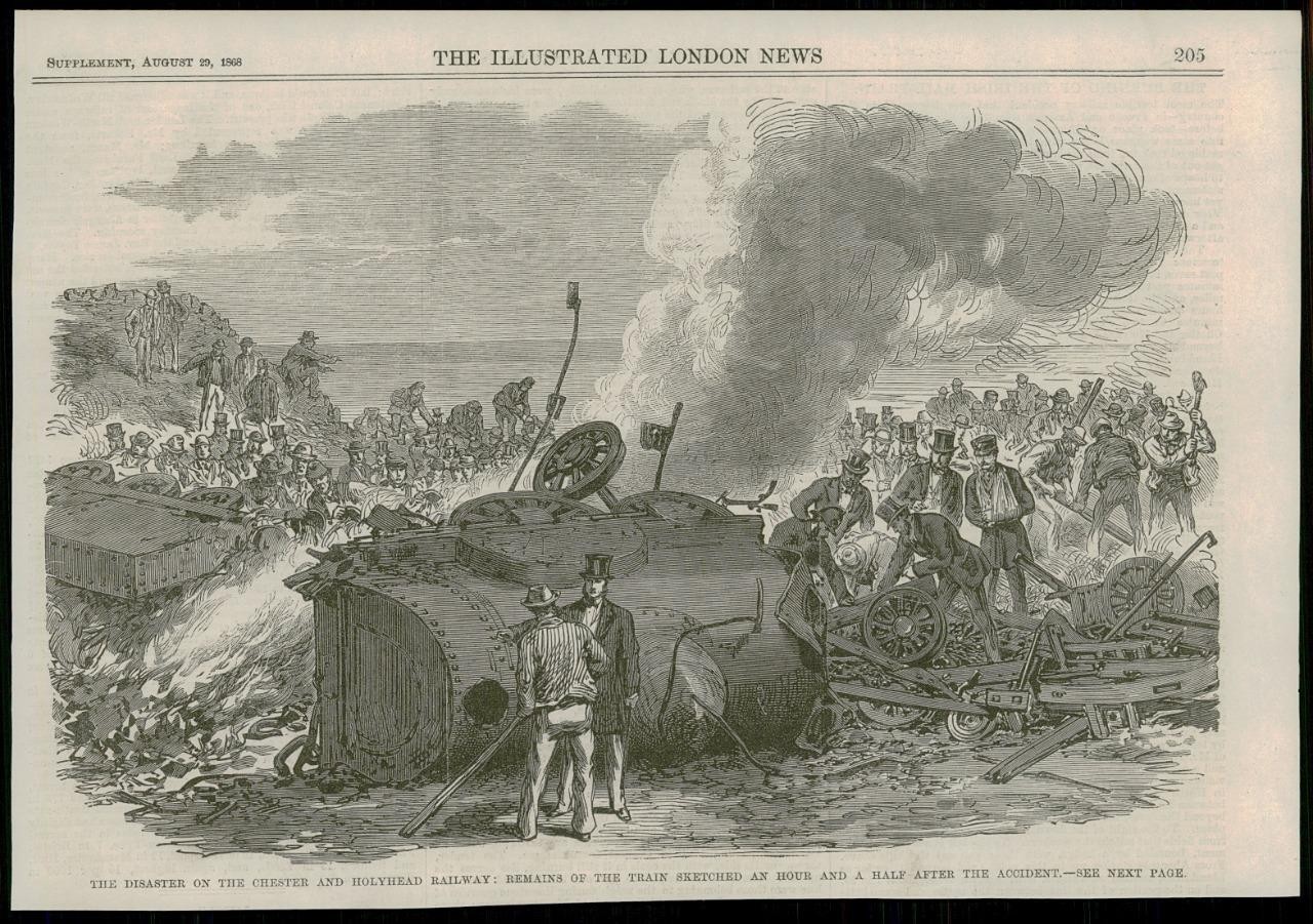 1868 - Antique Prints WALES Chester and Holyhead Railway Train Accident ...