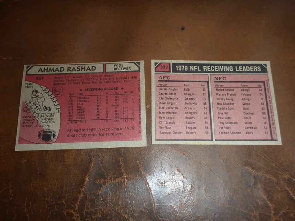 2 Topps 1980 NFL Cards Ahmad Rashad #467 WR Vikings & Recieving Leaders ...