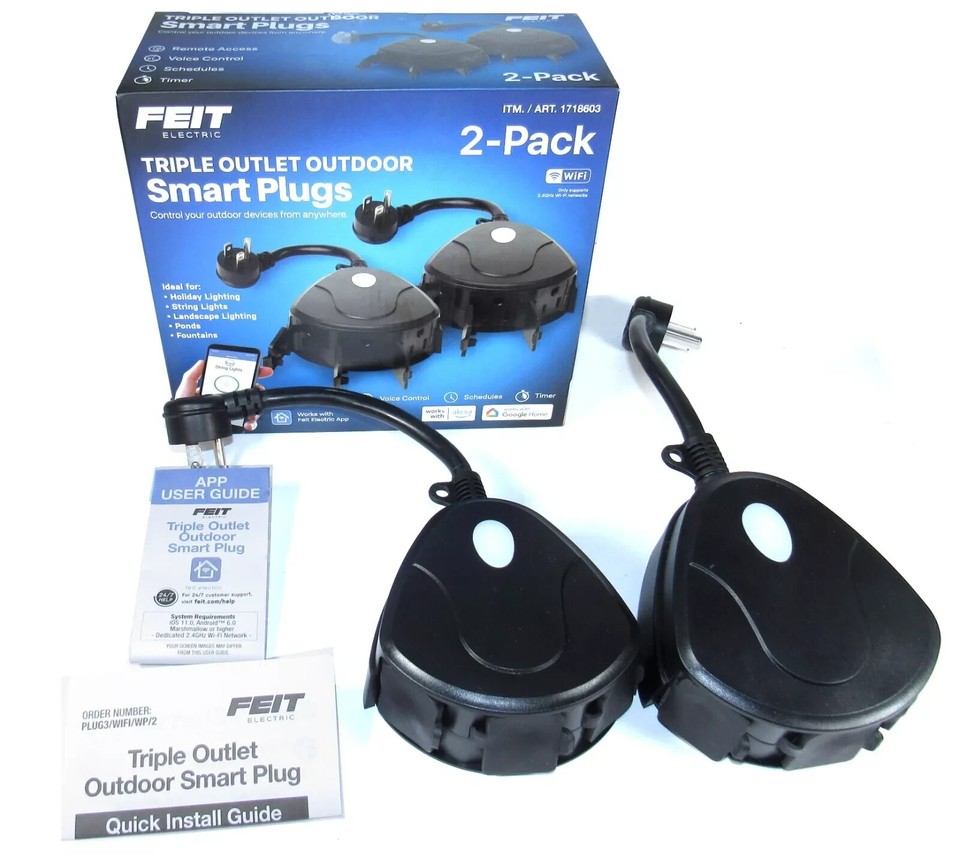 2 PACK! Feit Electric Triple Outlet Outdoor Smart Plugs WiFi, Controls ...