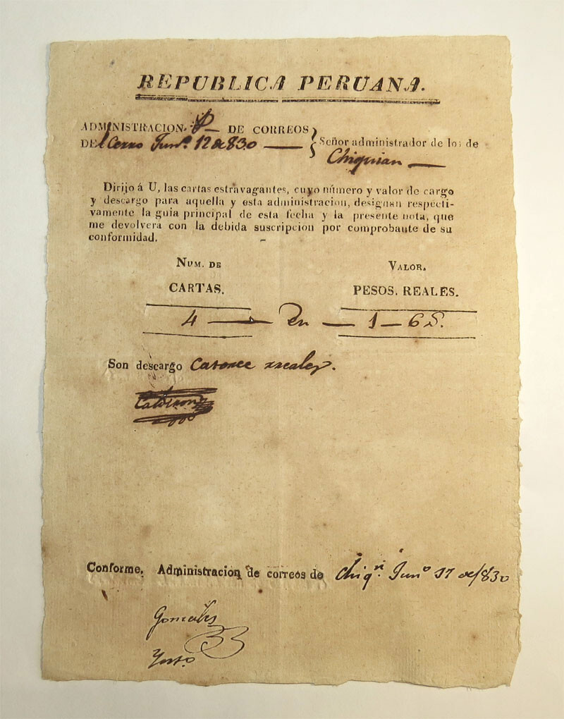 PERU - POSTAL DOCUMENT MAIL PASCO TO CHIQUIAN - 1830 | eBay