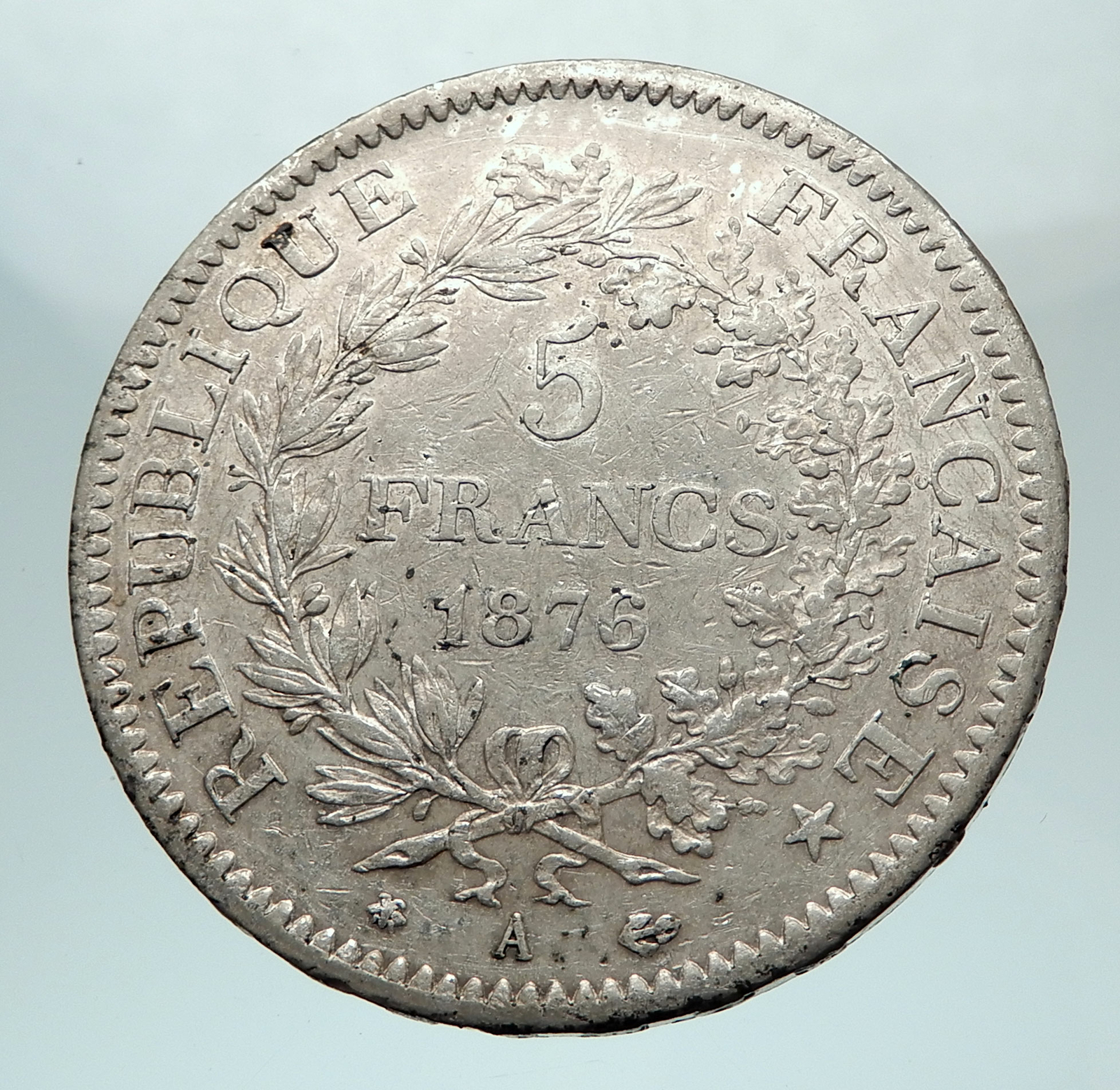 1876 A FRANCE Hercules Group Antique Genuine Silver 5 Franc French Coin ...