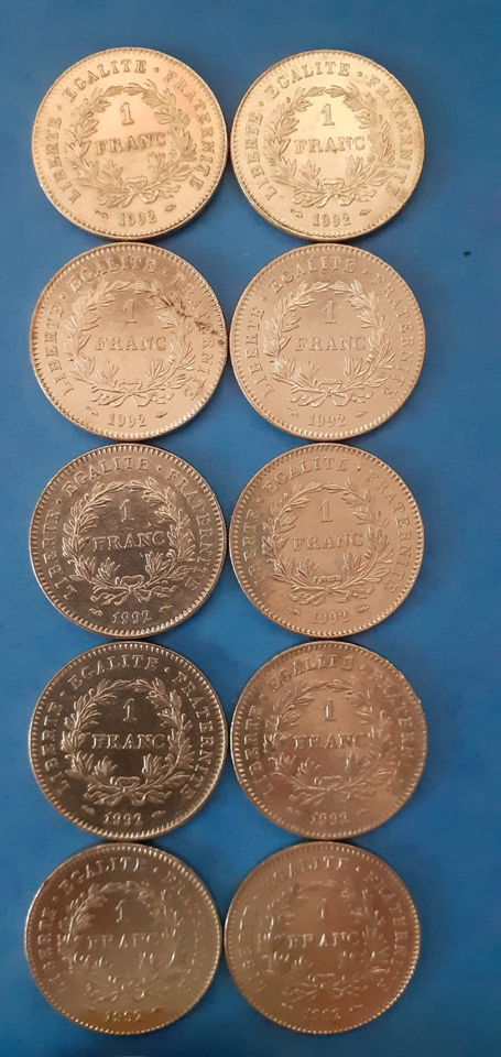 Lot de 10 pièces com. de 1 franc République année 1992 en nickel TTB+ ...