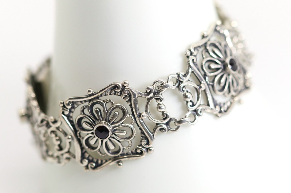 Vintage 835er Silver Costume Link Bracelet + Garnet Gemstone, L:17,5cm ...