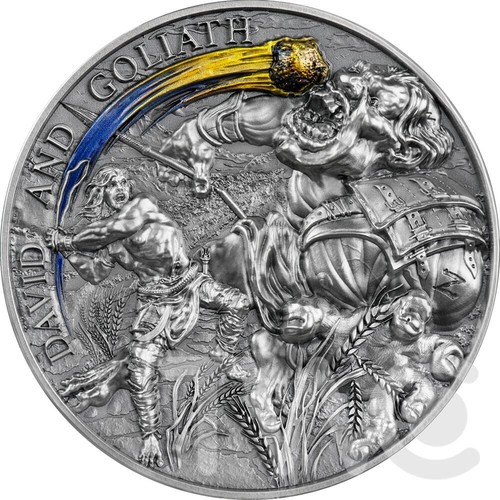 David and Goliath 2oz Antique finish Silver Coin 10 Cedis Republic of ...