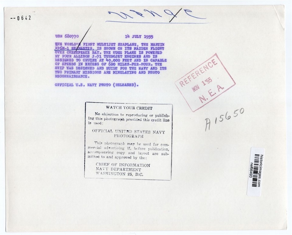 1955 US Navy Martin XP6M-1 Seamaster Flying Boat Maiden Flight 8x10 ...