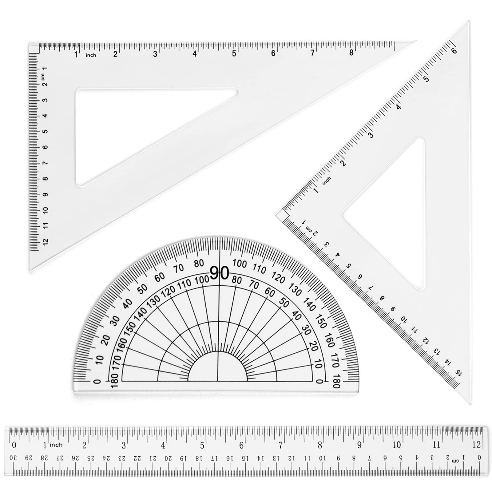 12-inch Clear Plastic Math Geometry Tool Ruler Triangle Protractor Set ...