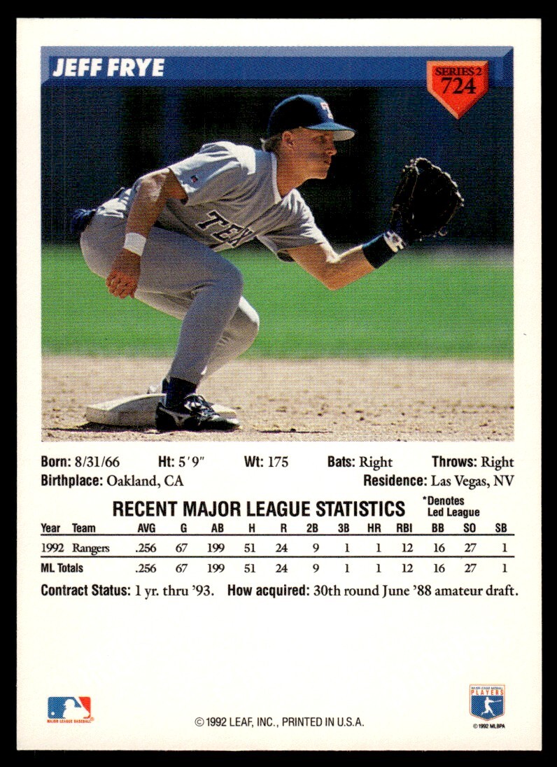 1993 Donruss Baseball Card Jeff Frye Texas Rangers #724 | eBay
