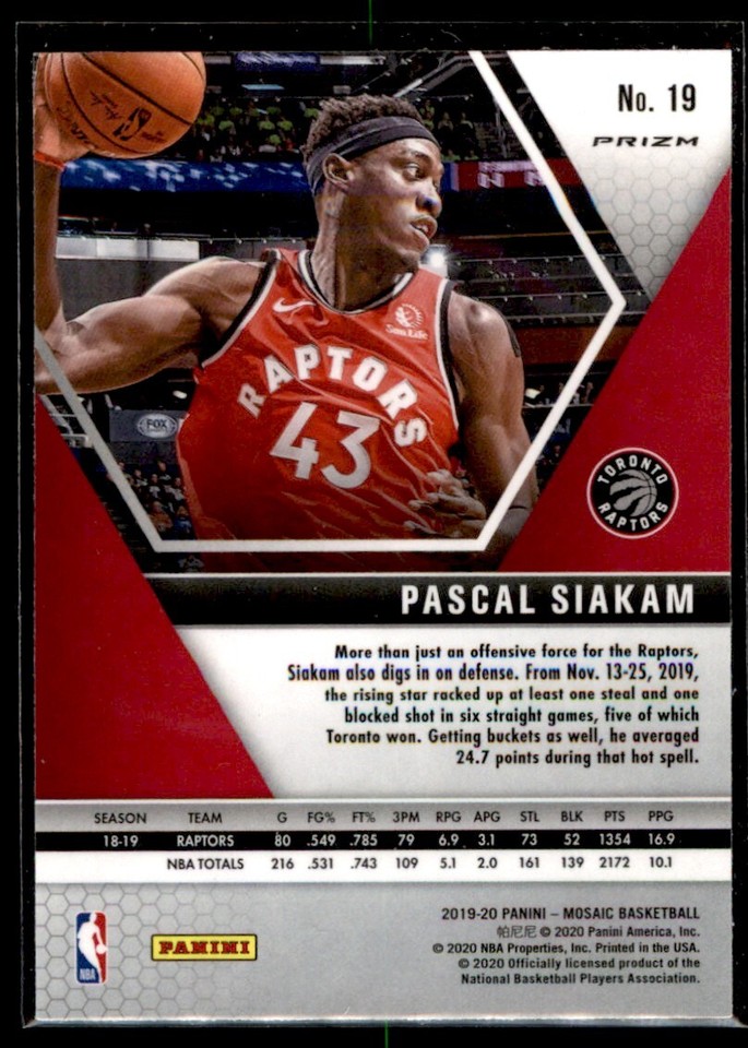 Pascal Siakam 2019 Panini Mosaic Silver #19 | eBay