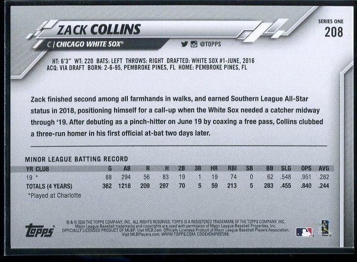 2020 Topps Baseball Zack Collins #208 Chicago White Sox RC | eBay