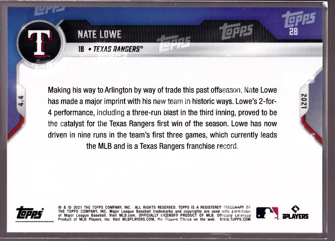 Nate Lowe Texas Rangers 9 RBI in 3 Games 2021 Topps Now #28 Blue 37/49 ...