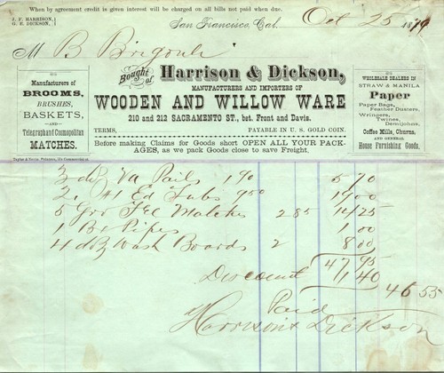Harrison & Dickson San Francisco 1879 Billhead Wooden & Willow Ware ...