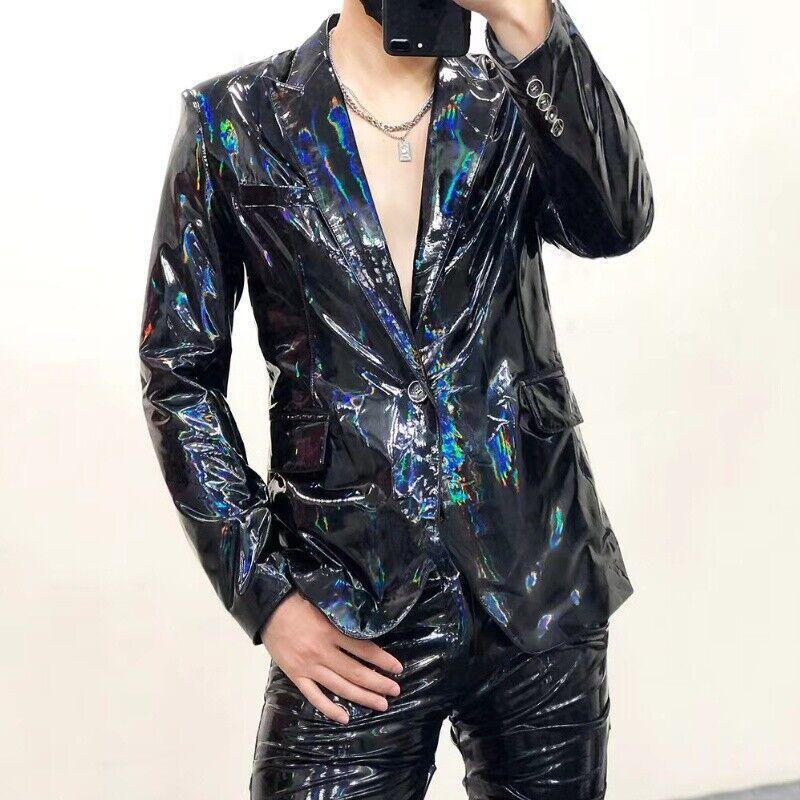 Men's Laser Holographic Shiny Faux Leather Blazer Jacket Coat Party ...