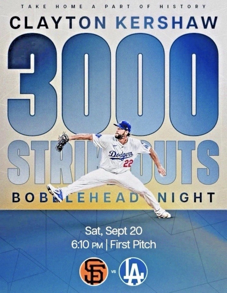 Clayton Kershaw 3000 Strikeouts Bobblehead Dodgers SGA 9/20/25 | eBay