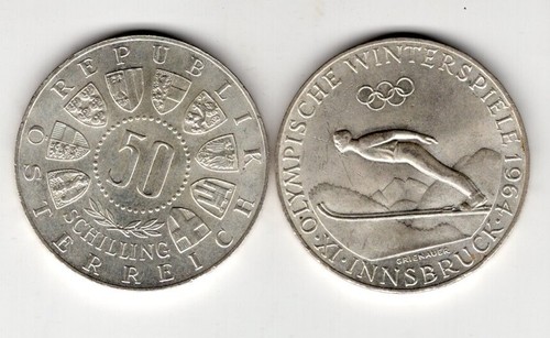 1964 Austria 50 Fifty Shillings Silver World Coin Innsbruck Winter ...