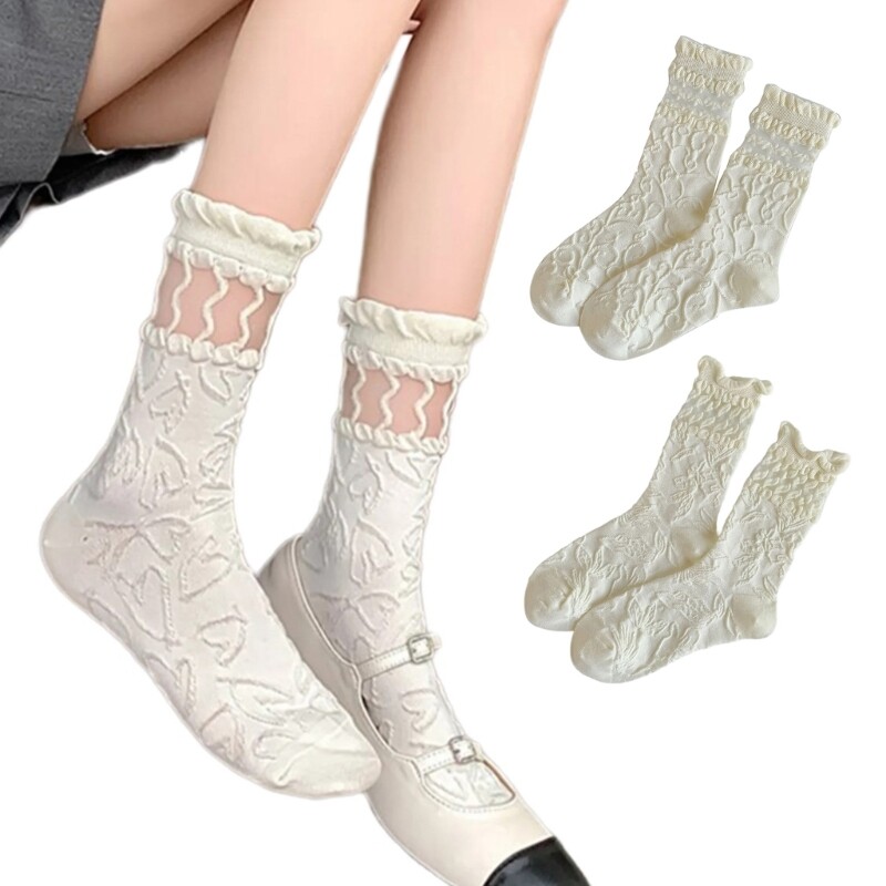 Fashion Women Mesh Spliced Frilly Socks Elegant Flower Embossed Ankle ...