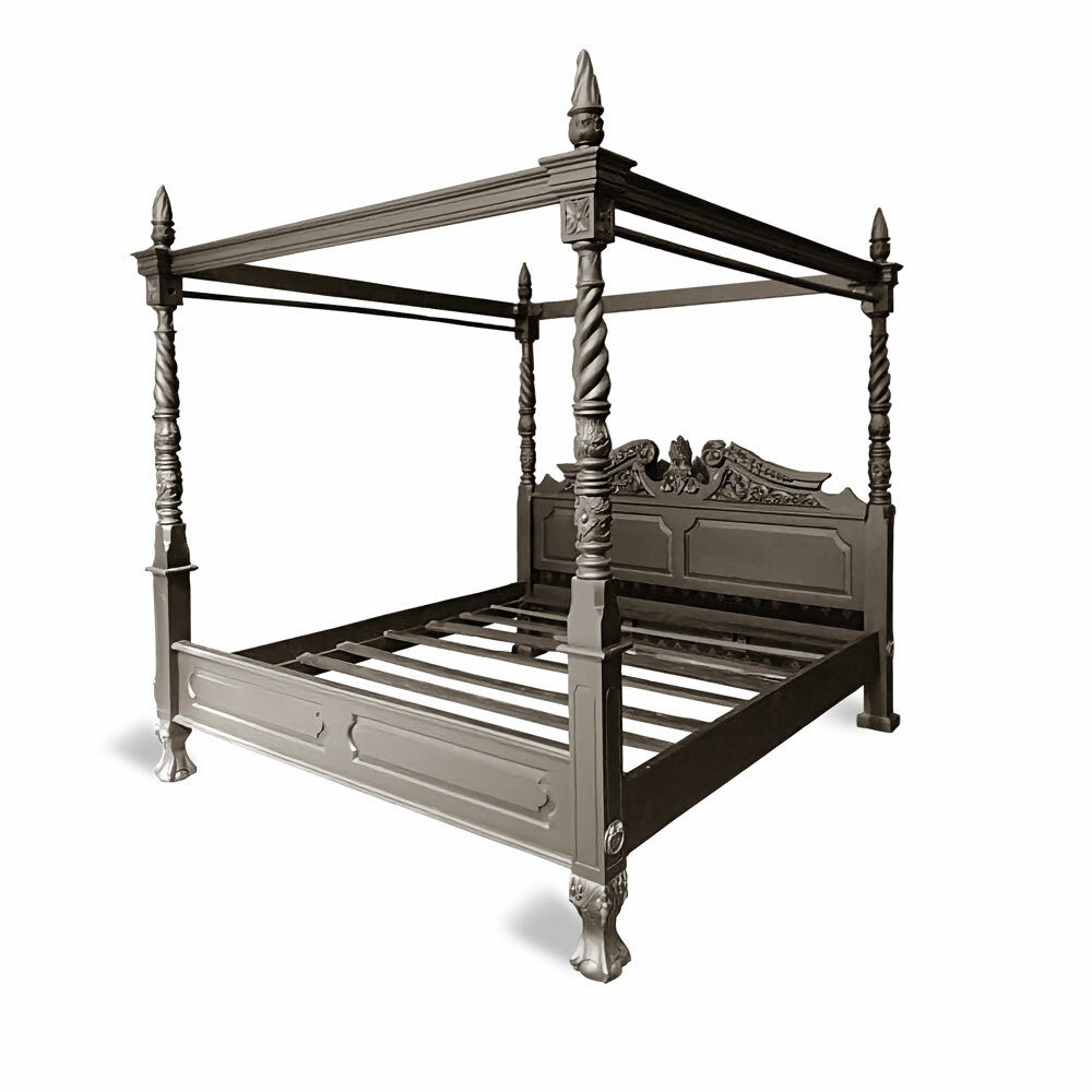 UK STOCK 4'6" UK Double Gothic Black Queen Anne four poster mahogany bed frame | eBay