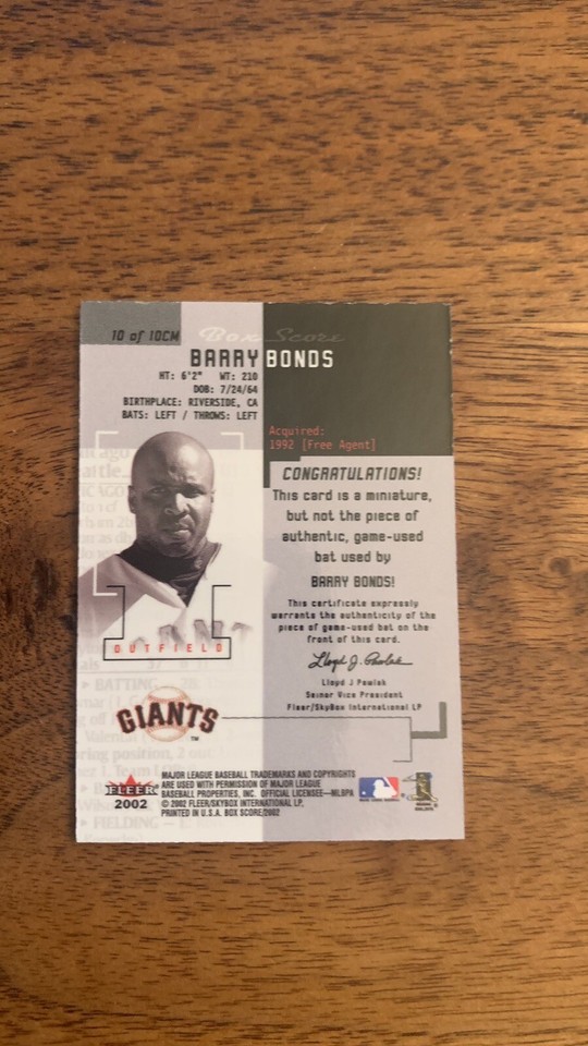 2002 Fleer Box Score Barry Bonds Mini-Card Game-Used Bat | eBay