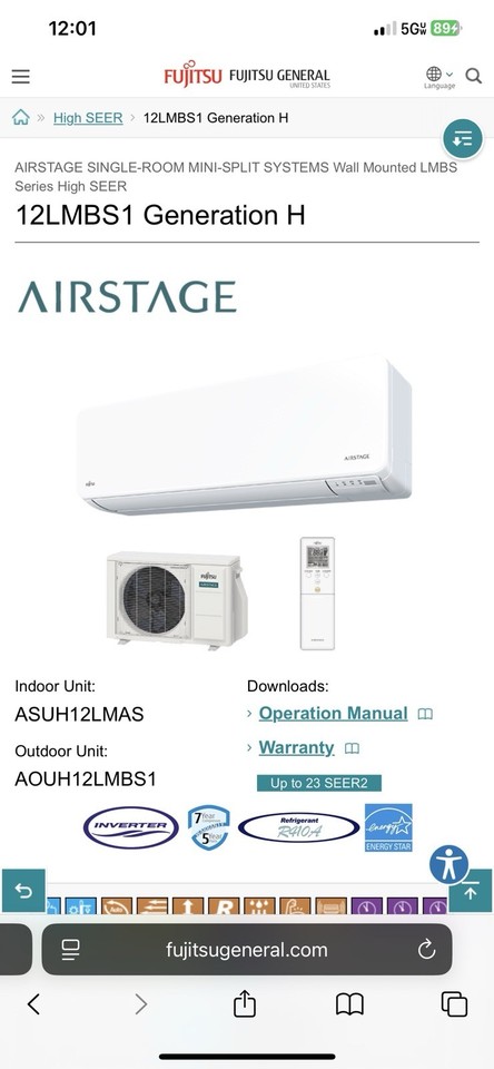 Fujitsu Airstage 12K BTU Wall Mount Outdoor Heat Pump Condenser. Brand ...