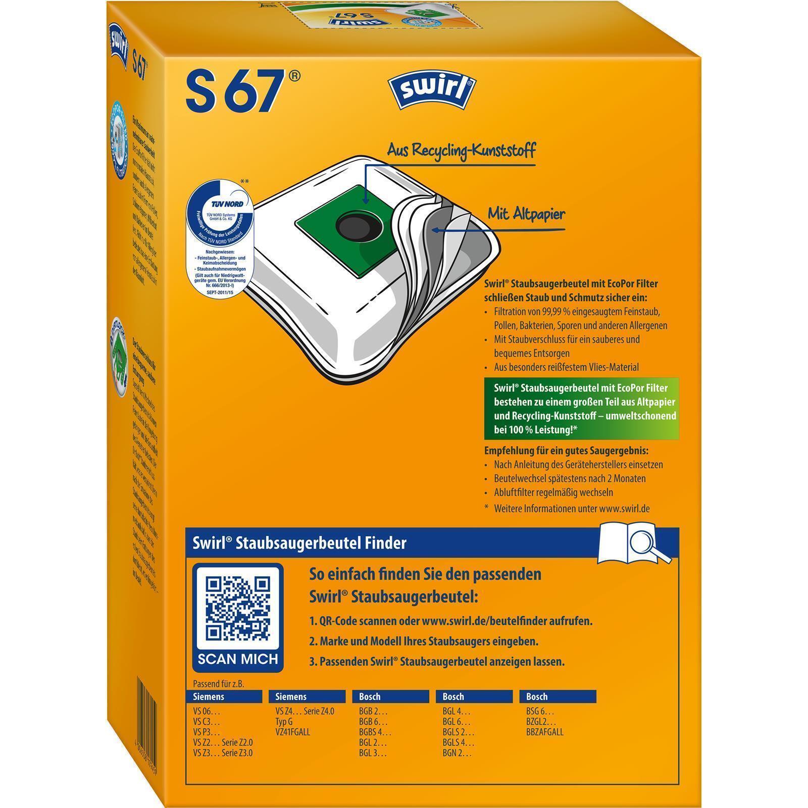 2 Pakete Swirl Staubsaugerbeutel S67 / S 67 AirSpace für Siemens ...