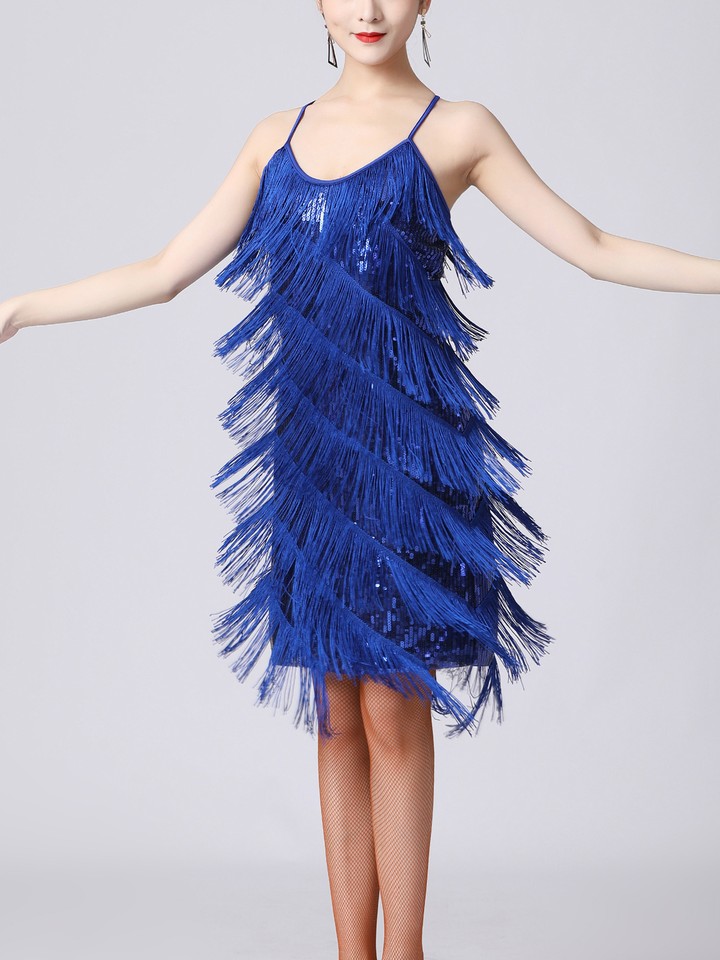 Women Sequins Fringe Tassel Flapper Dress Samba Chacha Tango Latin ...