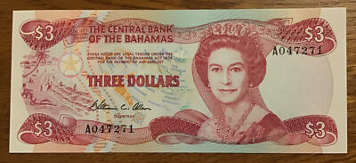 Bahamas Banknote. 3 Dollars. P44a. Dated 1984. Unc. Queens Portrait ...