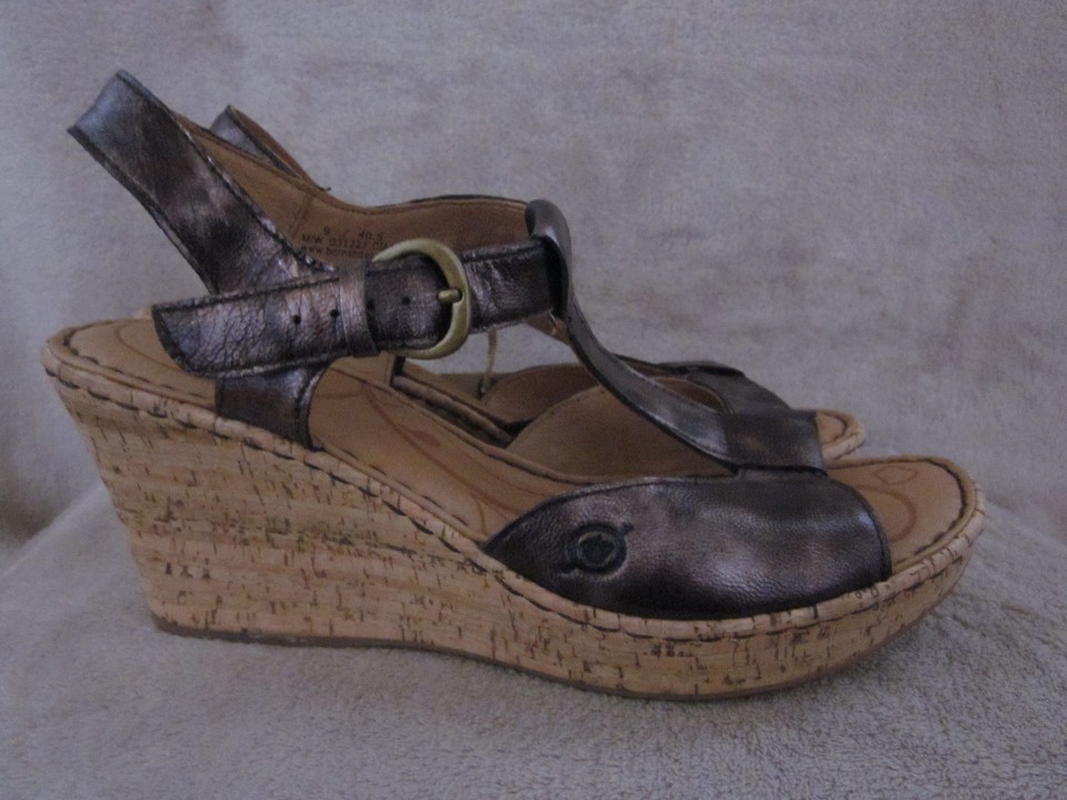 BORN D31223 Mares Dark Brown Metallic Wedge Sandals Heels Shoes US 9 EU ...