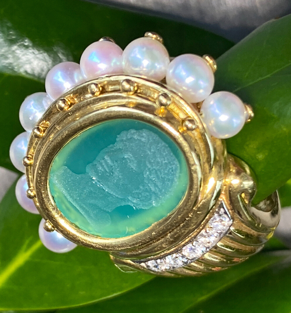 Vintage Chalcedony Intaglio Diamond Pearl Ring Estate Fine Jewelry Pre ...