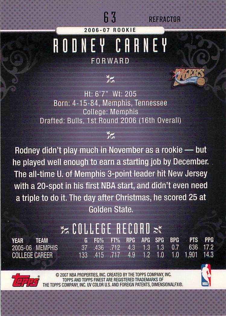 2006-07 Topps Finest - Rookie Rodney Carney #63 Refractor (RC) for sale ...