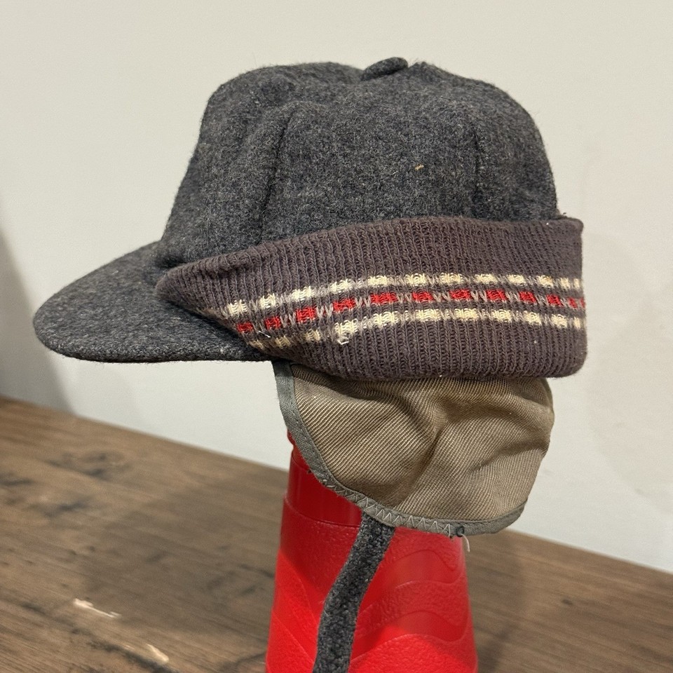 Vintage Wool Ear Flap Cap Gray Winter Hat Knit Band Chin Strap Lined | eBay